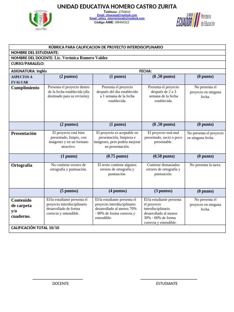 Rúbrica de Evaluación para Proyecto Interdisciplinario | PDF