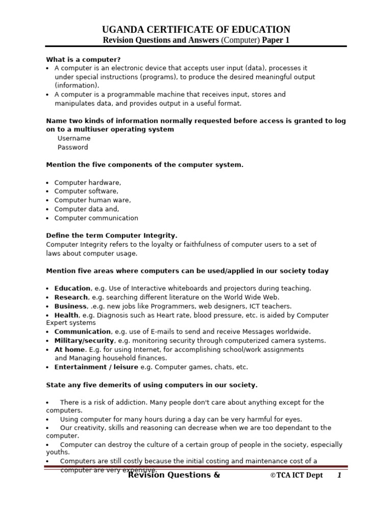 UCE Revision Questions and Answers (Computer) Paper 1 | PDF ...
