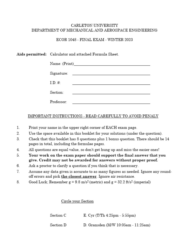 Winter 2023 Deferred Final Exam | PDF | Acceleration | Velocity