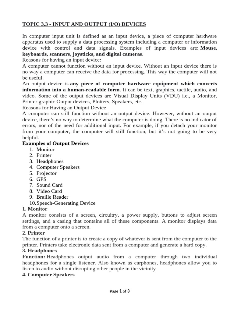 Topic 3.3 - Computer Input and Output (Io) Devices | PDF | Input/Output ...