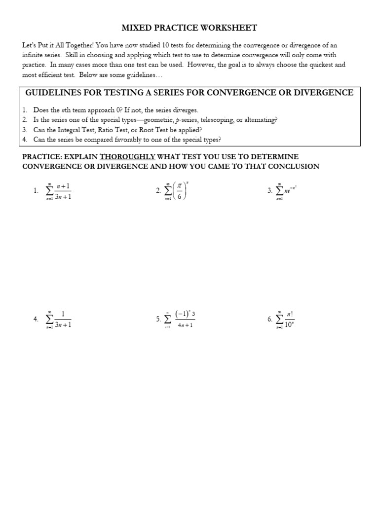 Mixed Series Practice Worksheet | PDF | Limit (Mathematics) | Calculus