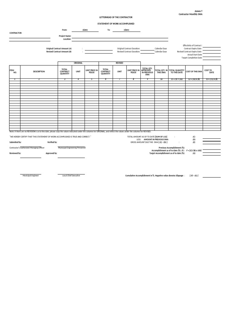 Annex T - Contractor Monthly SWA | PDF