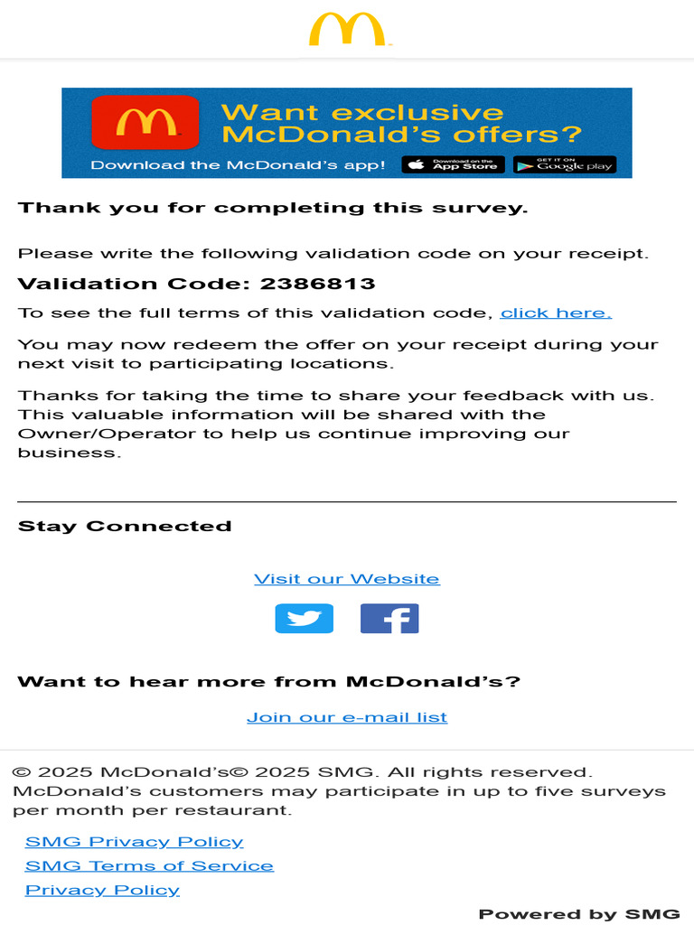 McDonald's Customer Satisfaction Survey On McDVoice - Com - Thank You | PDF