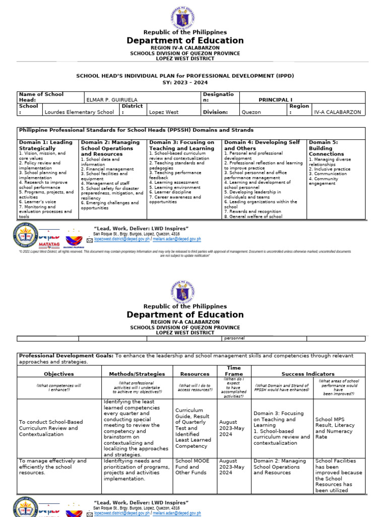 Ippd For School Heads Lwd-Lourdes Es 2023-2024 | PDF | Curriculum | Learning