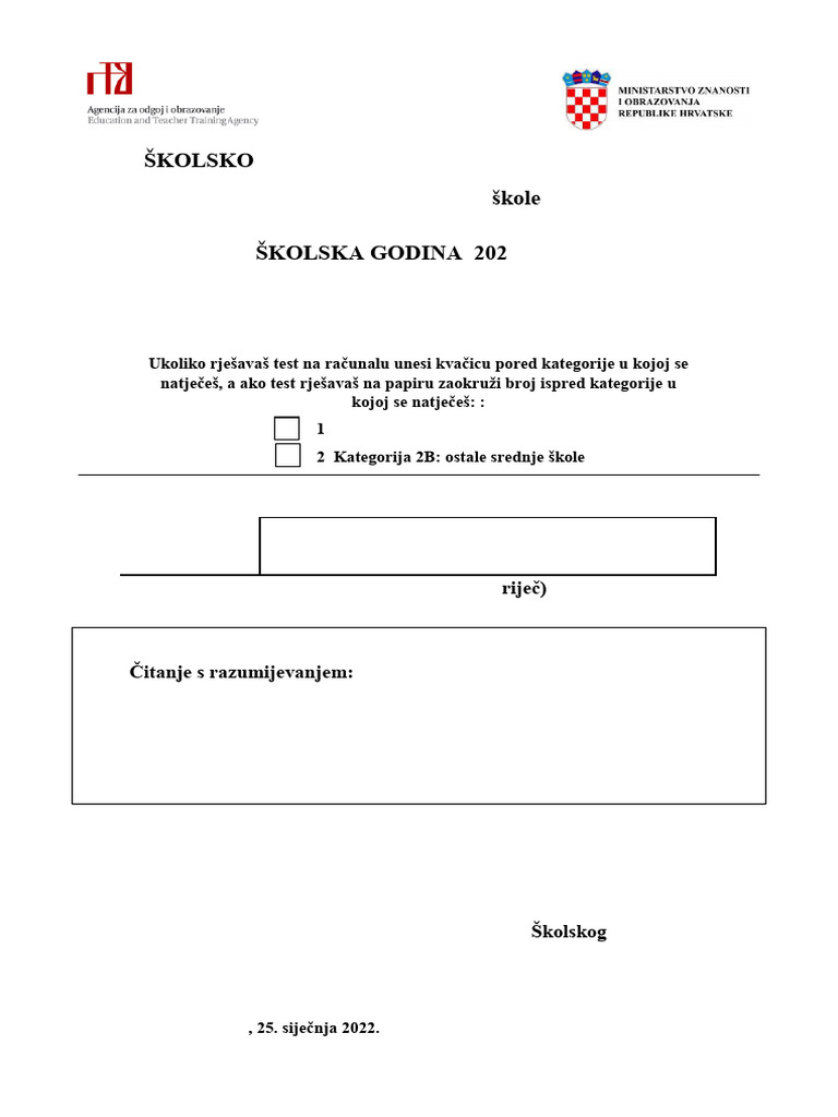 2022 SS 2r Skolska Razina Razina ANSWER SHEET | PDF
