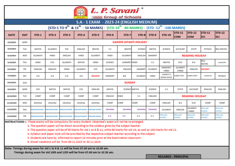S.a.-1 Exam Time Table - 2023-24 | PDF | Qualifications
