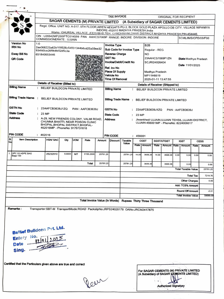 Sagar Cement Invoice Details | PDF | Invoice | Accounting