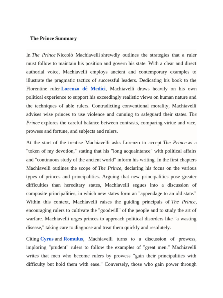 The Prince Summary | PDF | The Prince | Niccolò Machiavelli