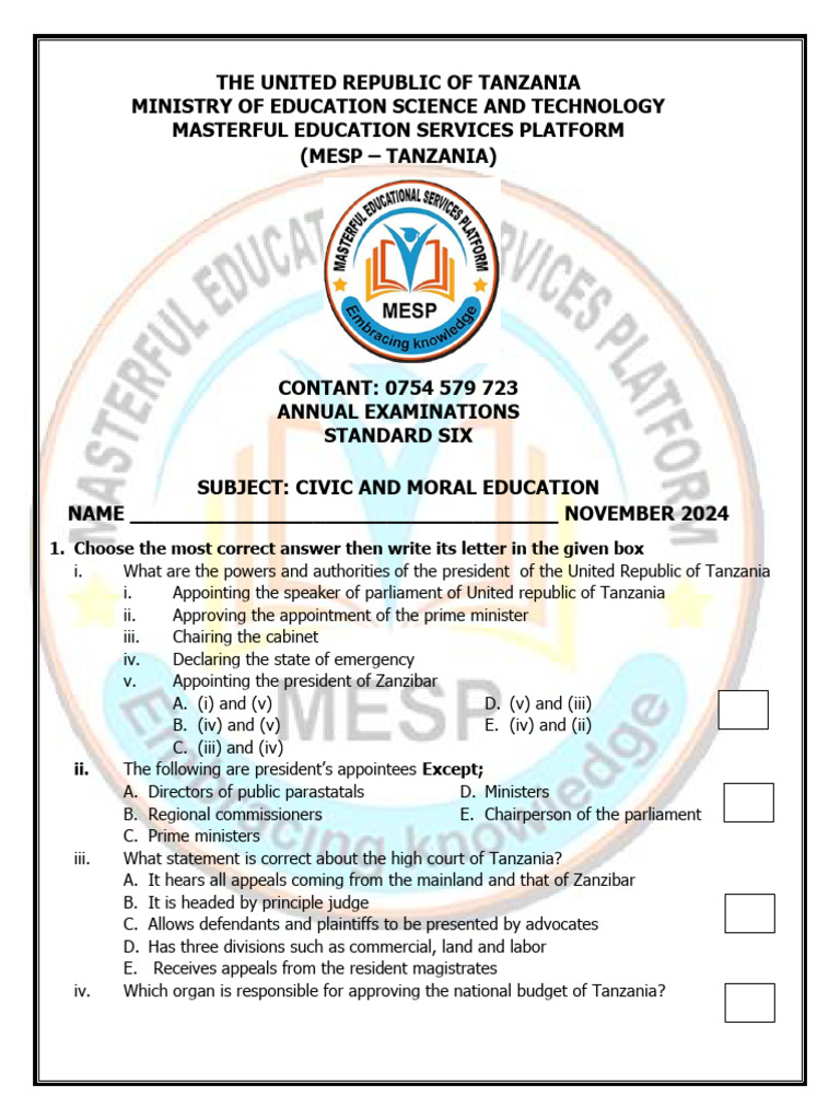 Std Vi, Nov Annual Exam-mesp Tanzania | PDF | Julius Nyerere | Tanzania