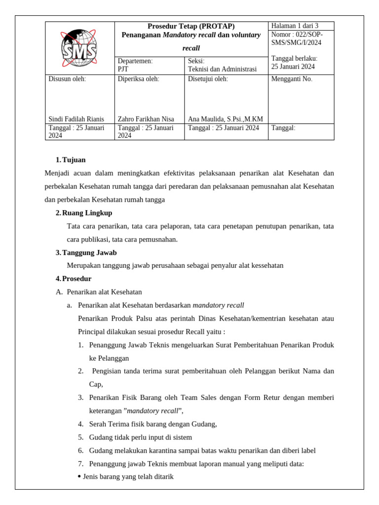 7.2 SOP Penanganan Mandatory Recall Dan Voluntary Recall Revisi | PDF