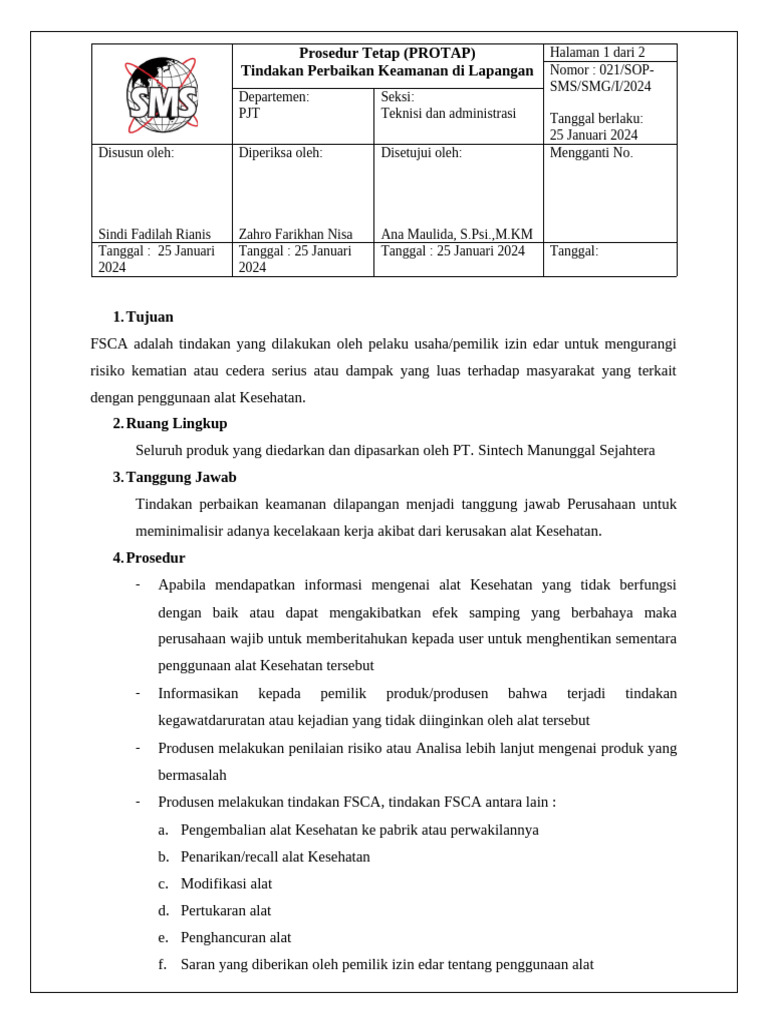 7.1 SOP Tindakan Perbaikan Keamanan Di Lapangan (FSCA) Revisi | PDF