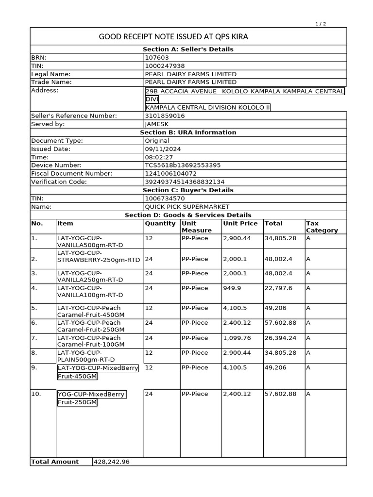 Good Receipt Note for Pearl Dairy Farms | PDF | Economies | Market ...