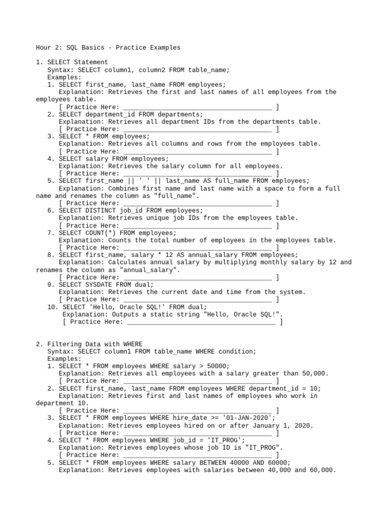 SQL Basics: Practice Examples Guide | PDF | Sql | Table (Database)
