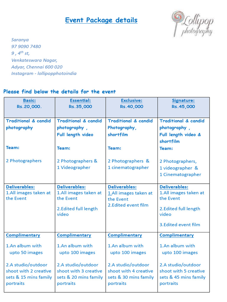 Lollipop Event Packages | PDF | Photographer | Artistic Techniques