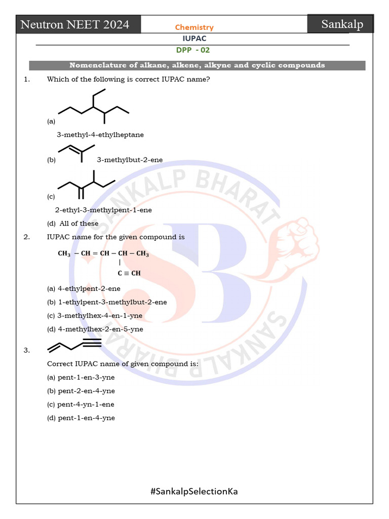 IUPAC Nomenclature Practice Questions | PDF | International Union Of ...