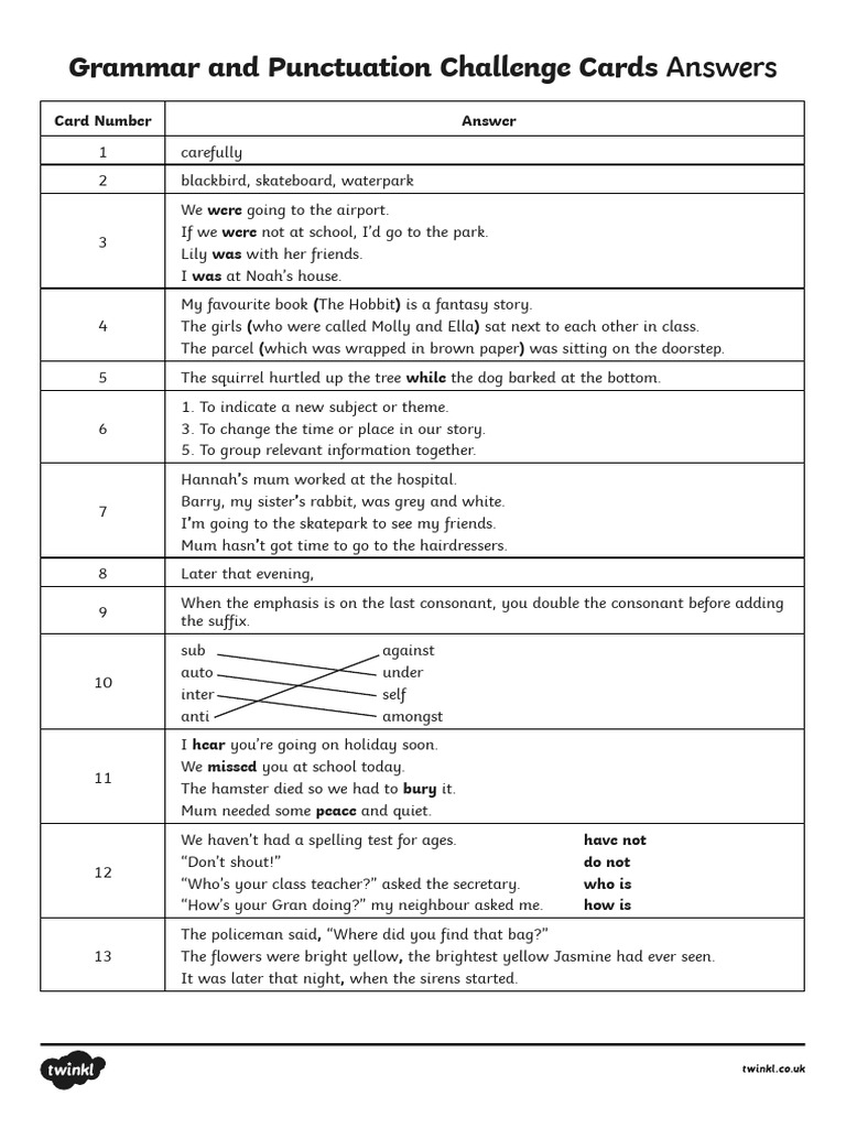 Grammar and Punctuation Challenge Card Answers | PDF