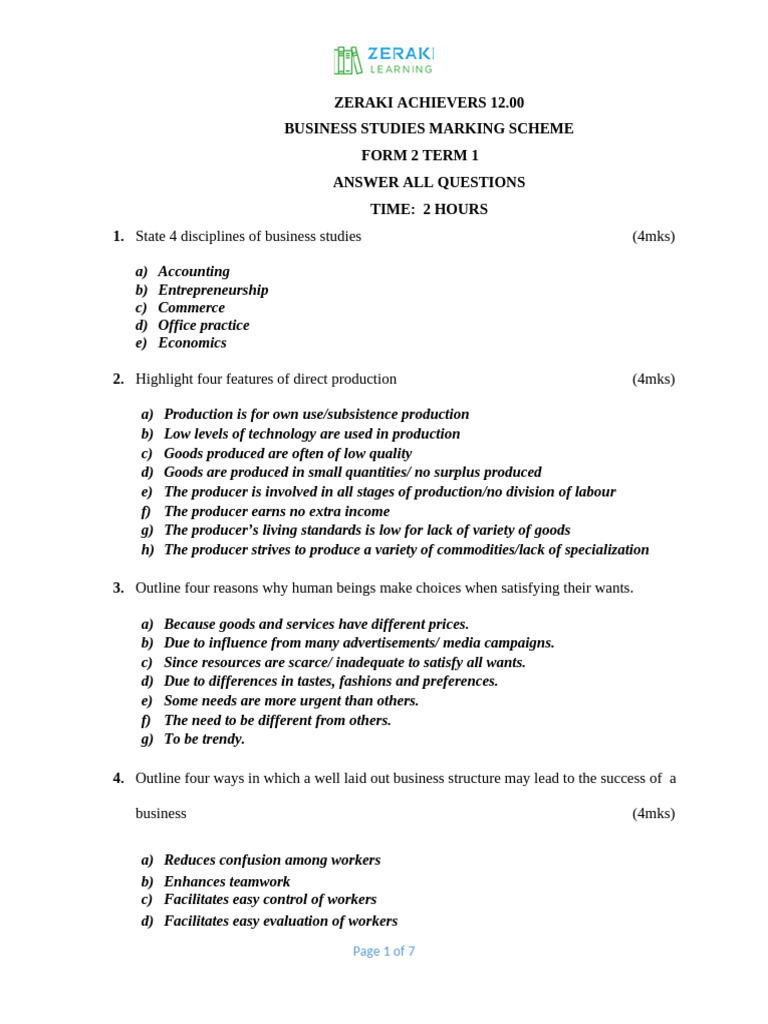 Business Studies - Marking Scheme | PDF | Partnership | Sole Proprietorship