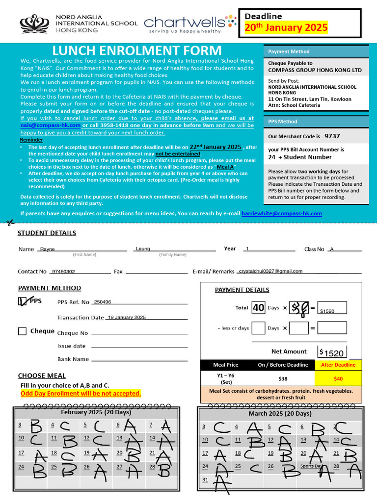 Lunch Enrolment Form For Primary Pupils Feb Mar 2025 | PDF | Cheque | Meal