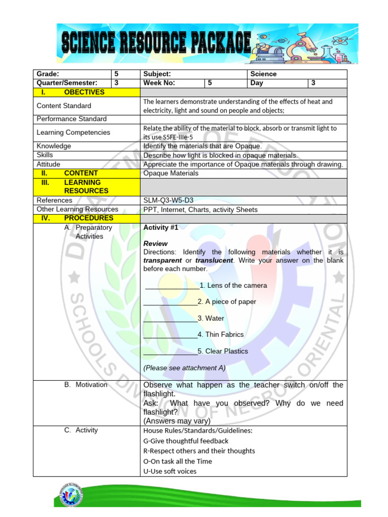 SCIENCE 5 DLP-Q3-WEEK5 - Day 3 | PDF | Learning | Light