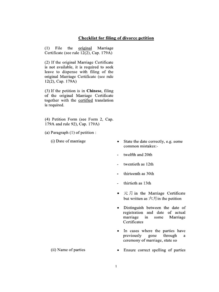 Checklist For Filing of Divorce Petition | PDF