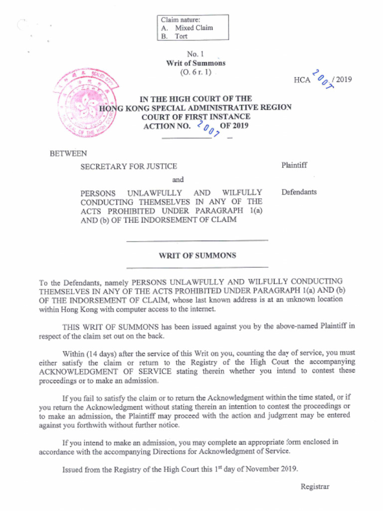 HCA - Sealed Copy - Writ - of - Summons | PDF