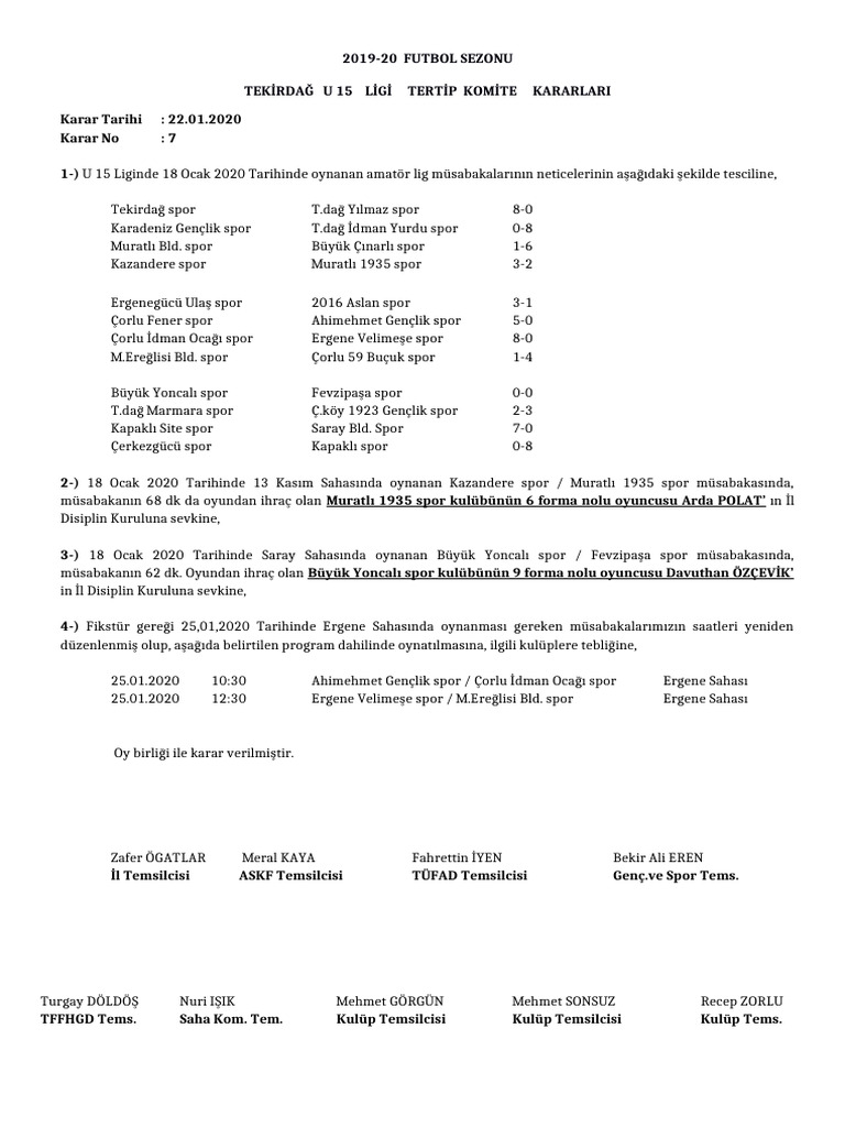 2019-20 Futbol Sezonu Tekirdağ U 15 Ligi Tertip Komite Kararlari | PDF