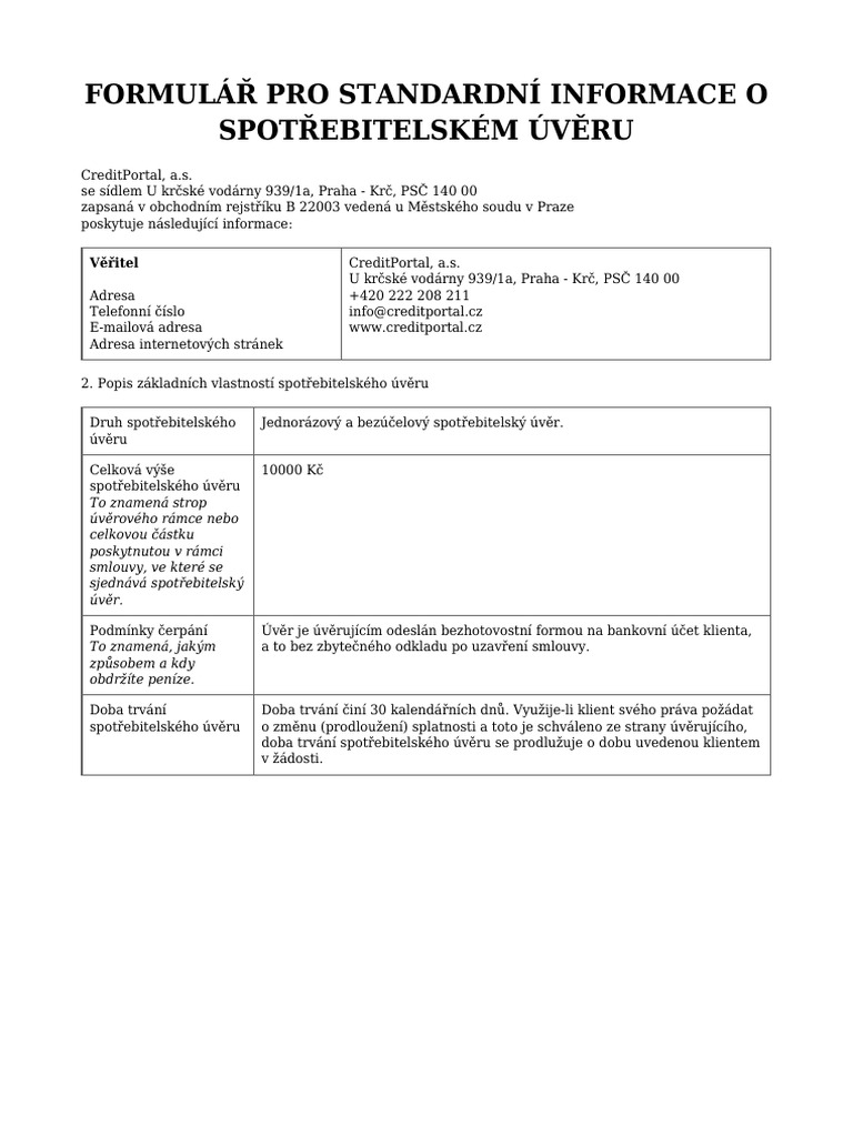 Formular Pro Standardni Informace o Spotrebitelskem Uveru | PDF