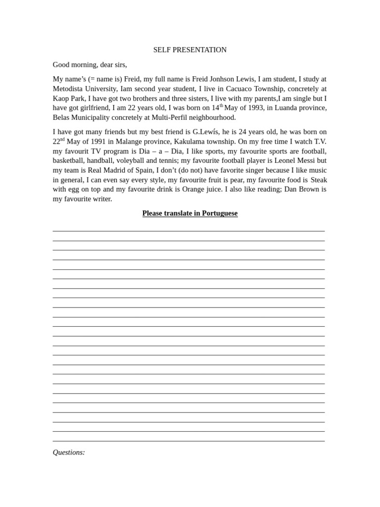 SELF PRESENTATION | PDF