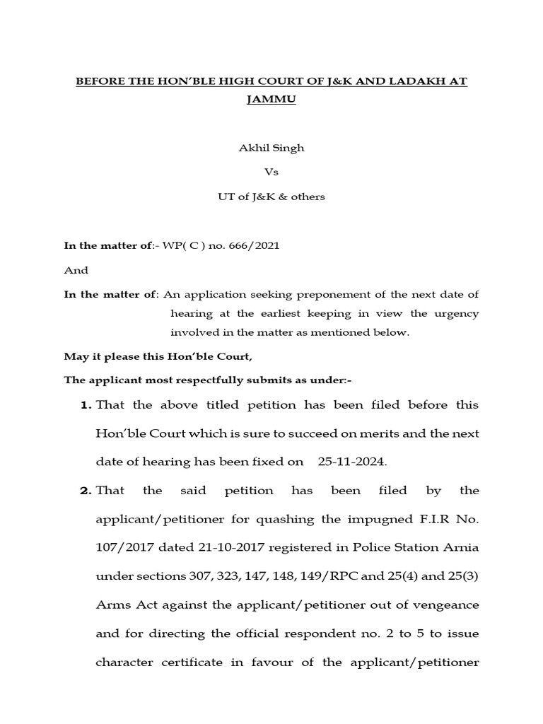 HC Application For Preponement of Hearing of Case | PDF | Affidavit ...