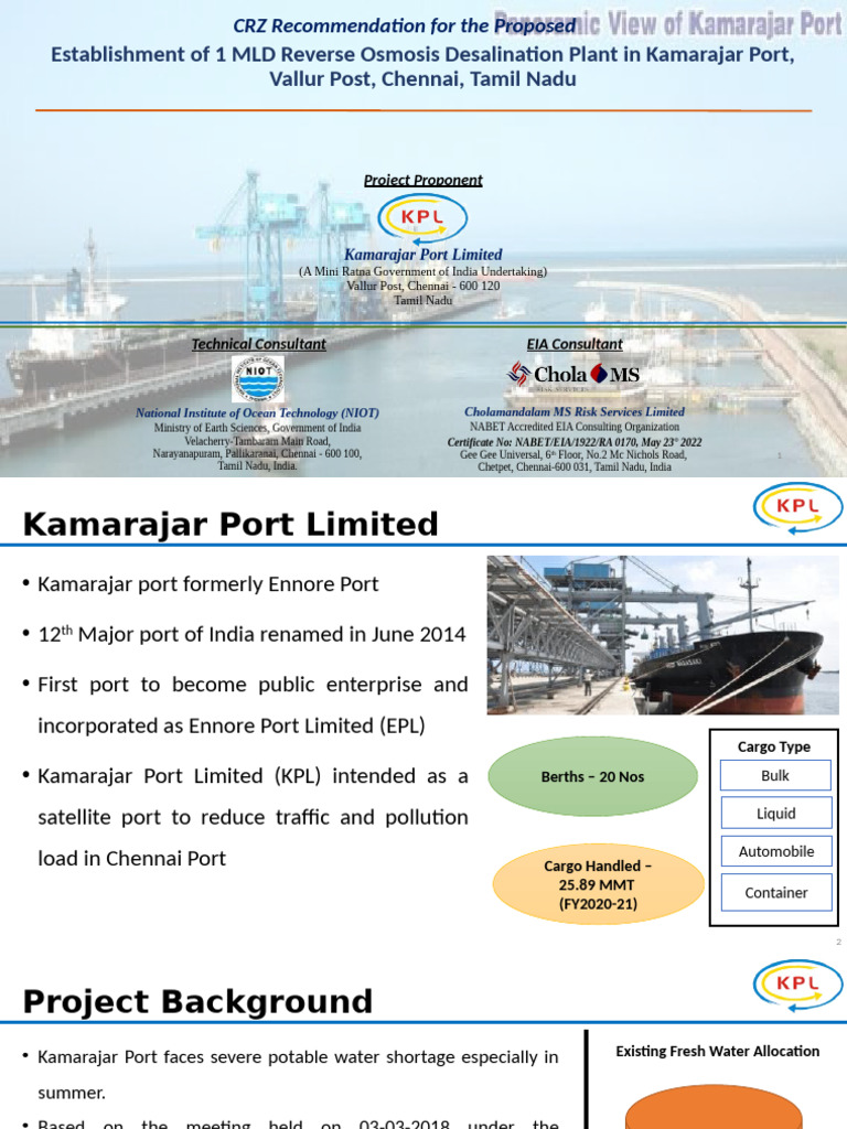 Kamaraj Port - Establishment of 1 MLD Reverse Osmosis Desalination ...