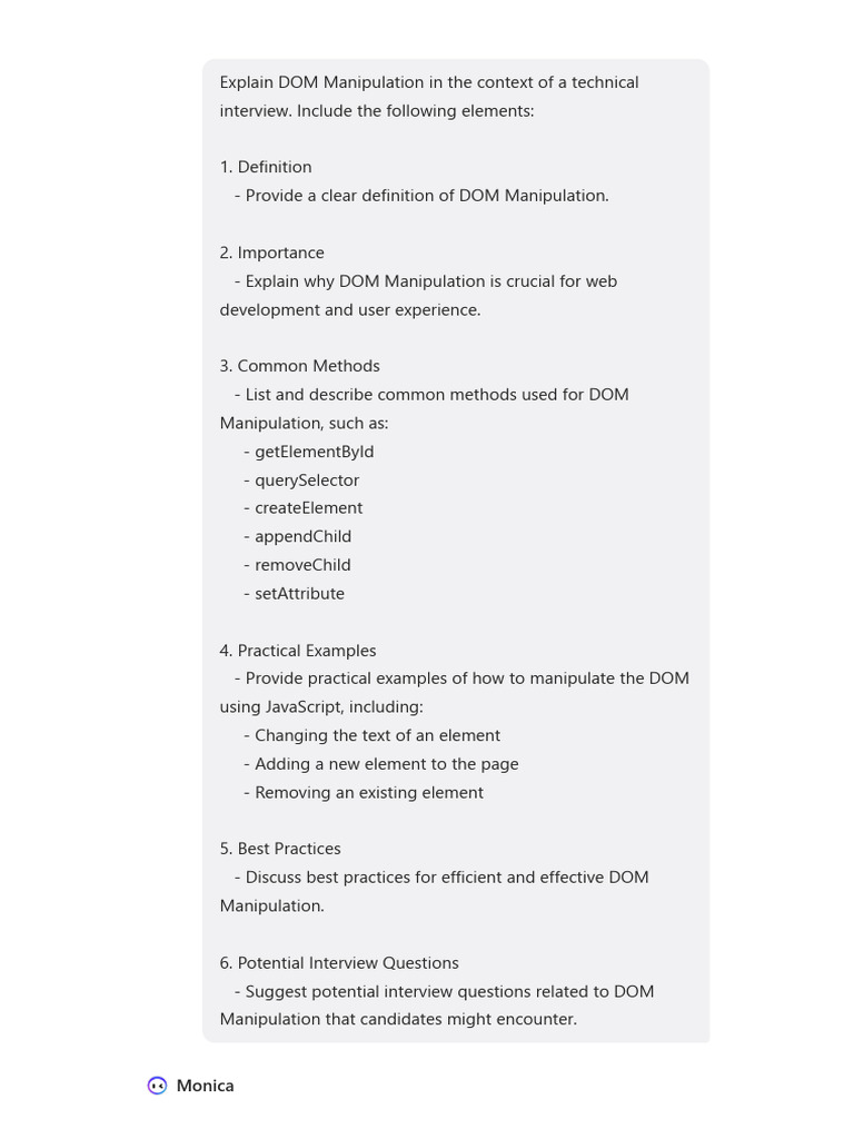 DOM Manipulation in Technical Interviews - Monica AI Chat | PDF | Document Object Model | Html ...