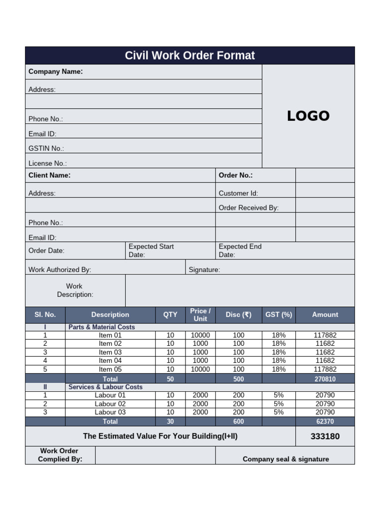 Civil Work Order Format 01 | PDF