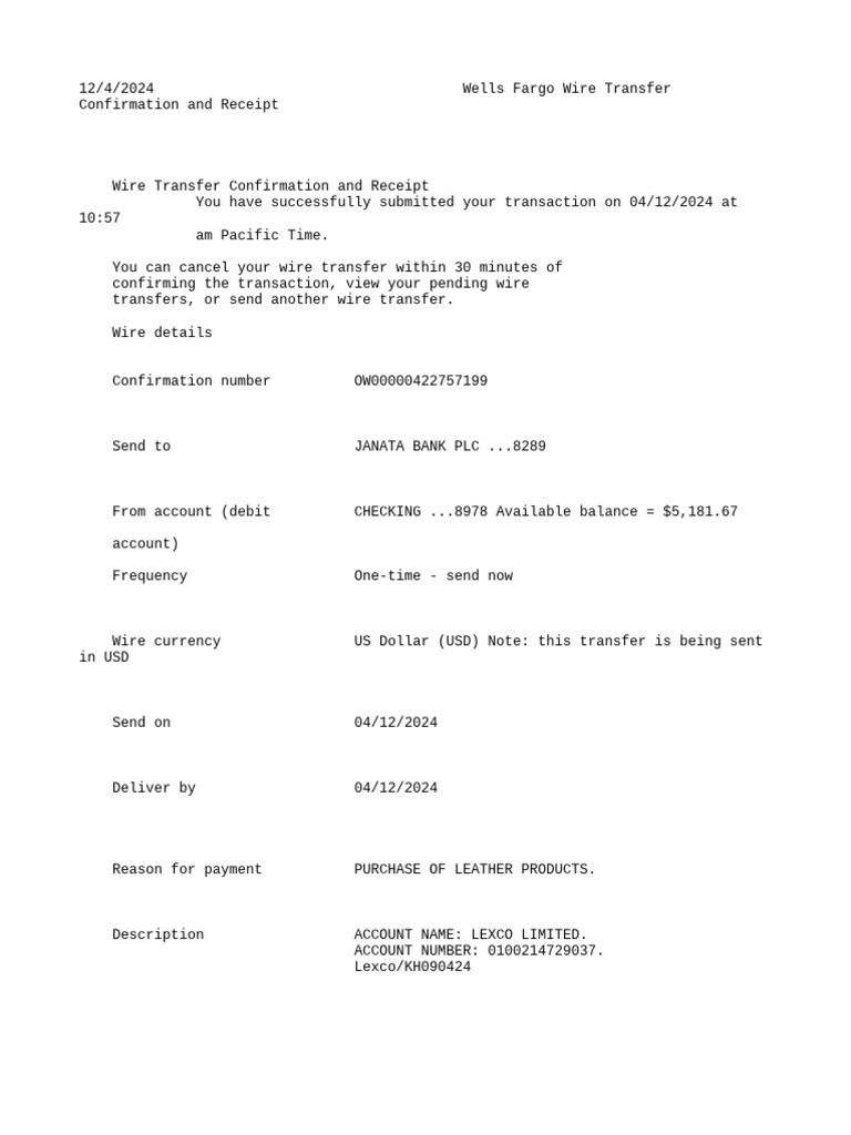 Wells Fargo Wire Transfer Confirmation and Receipt | PDF | Wire ...