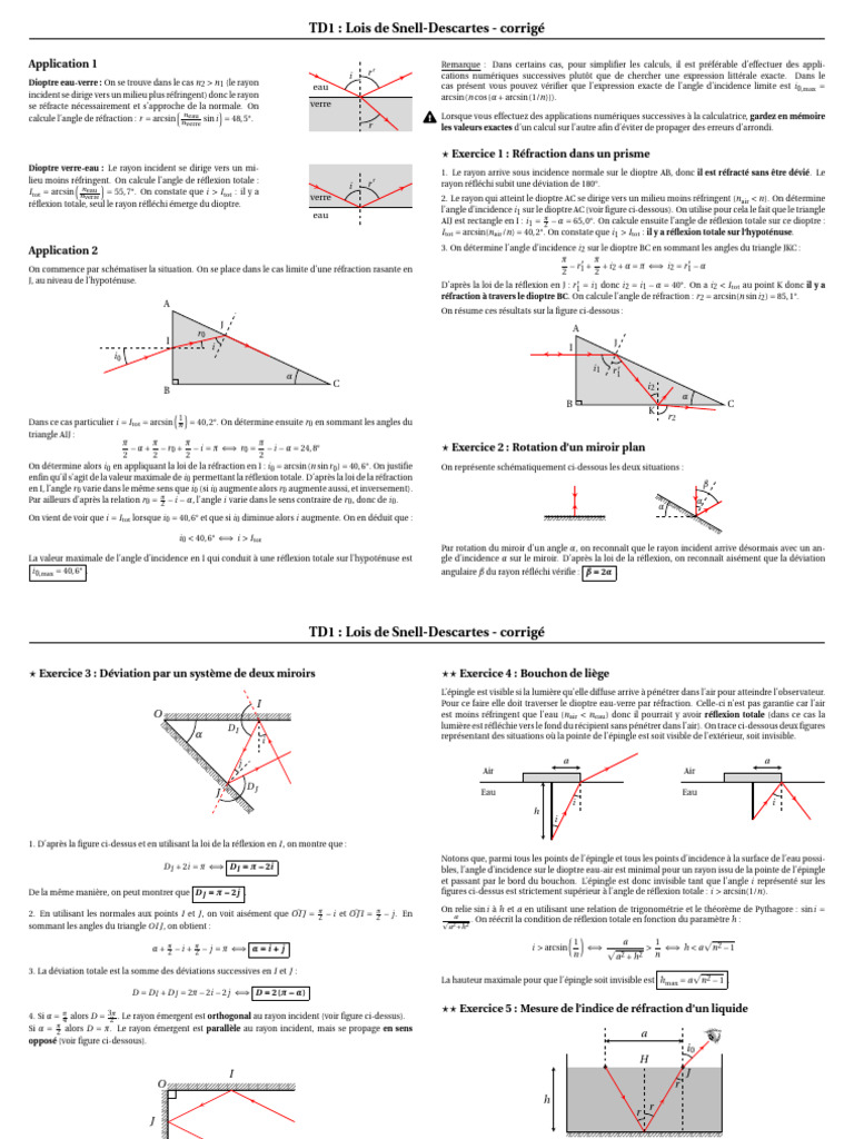 Lois de Snell-Descartes : Exercices Corrigés | PDF | Réfraction ...