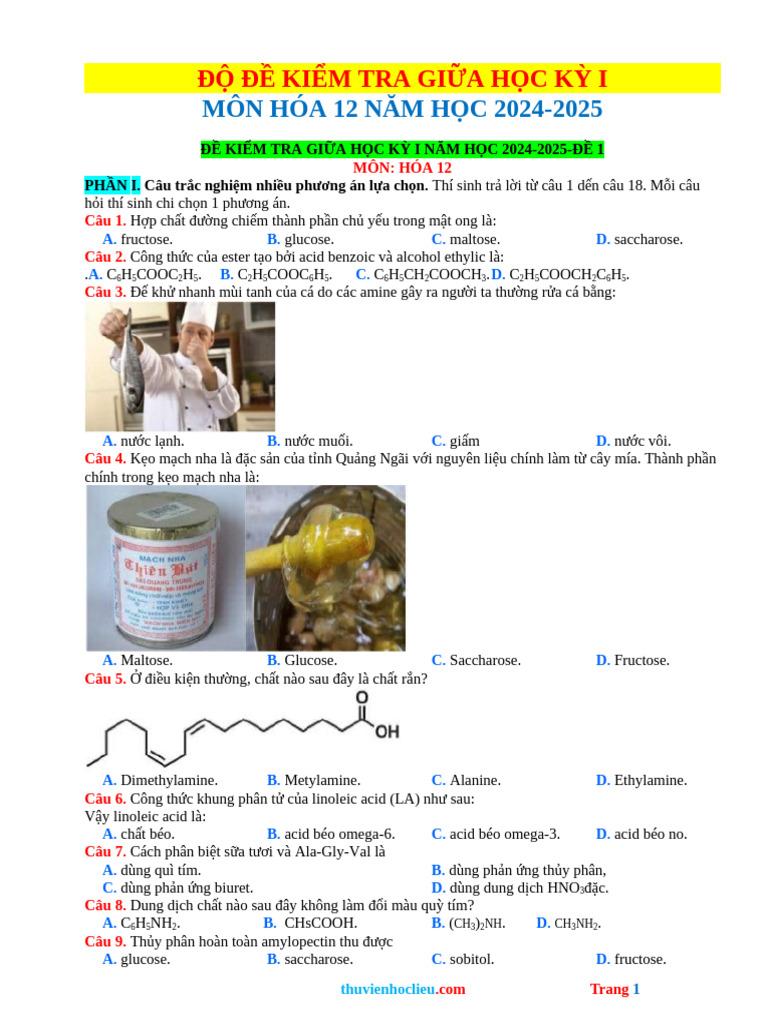 Bo de Kiem Tra Giua HK1 Hoa 12 Nam 24 25 | PDF
