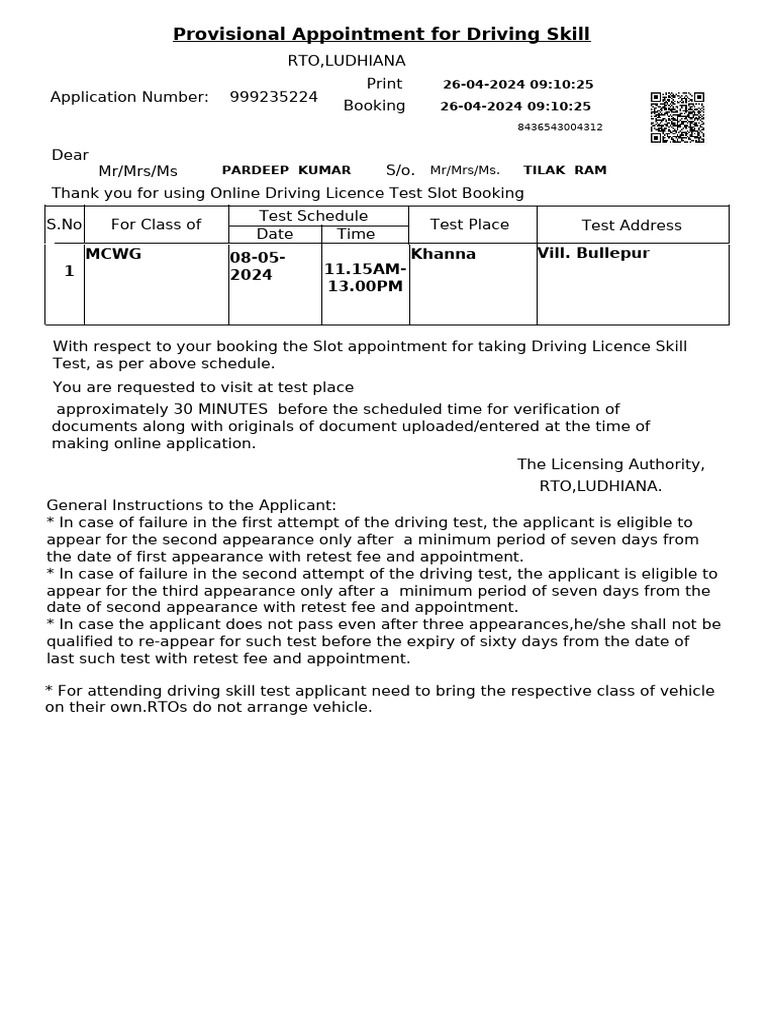 Driving Test Appointment Details | PDF