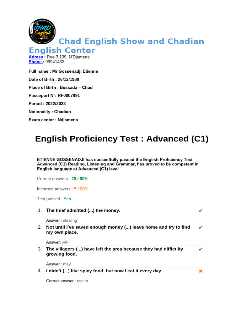 Chad English Proficiency Test Results | PDF