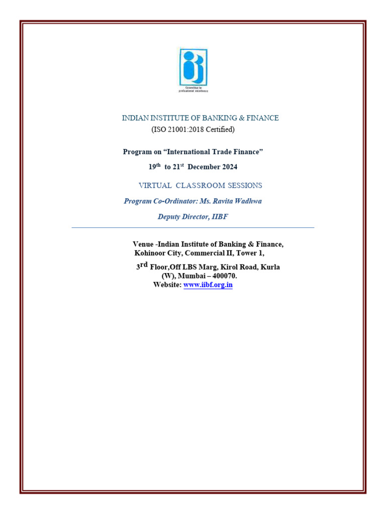 IIBF Brochure On International Trade Finance Dec 2024 PDF | PDF | Banks ...