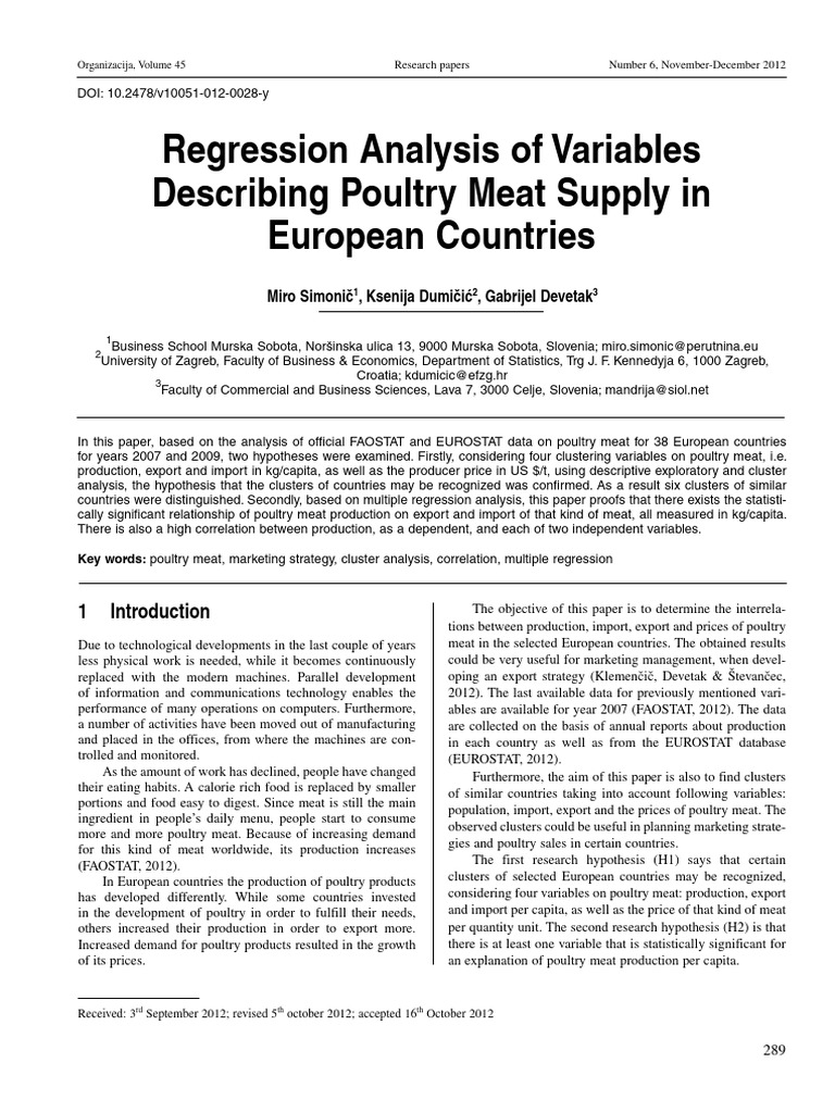 Regression Analysis of Variables Describing Poultry Meat Supply in European Countries | PDF ...
