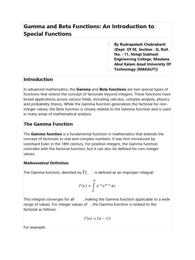 Introduction to Gamma and Beta Functions | PDF | Function (Mathematics) | Integral