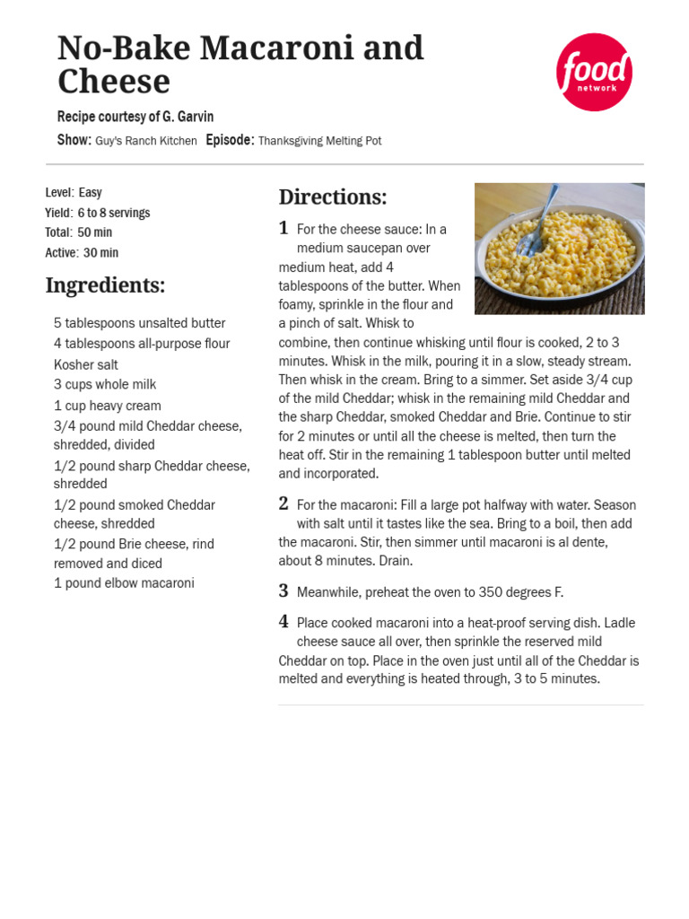 No-Bake Macaroni and Cheese Recipe - Food Network | PDF