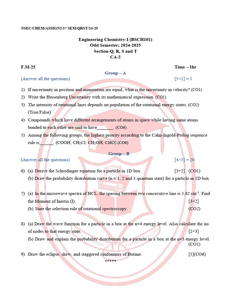 Engineering Chemistry-I Assignment 2024 | PDF