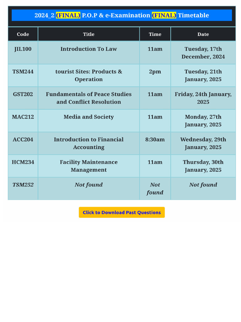 FINAL POP EExamination FINAL Timetable | PDF