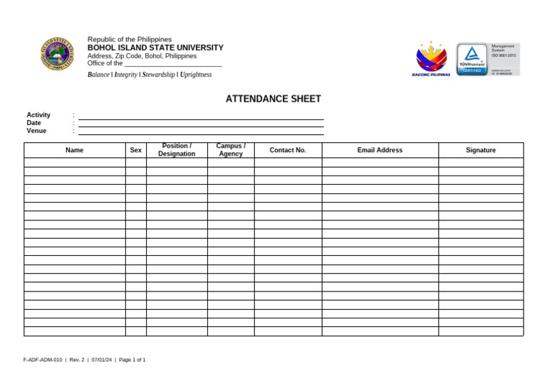 F ADF ADM 010 Attendance Sheet | PDF