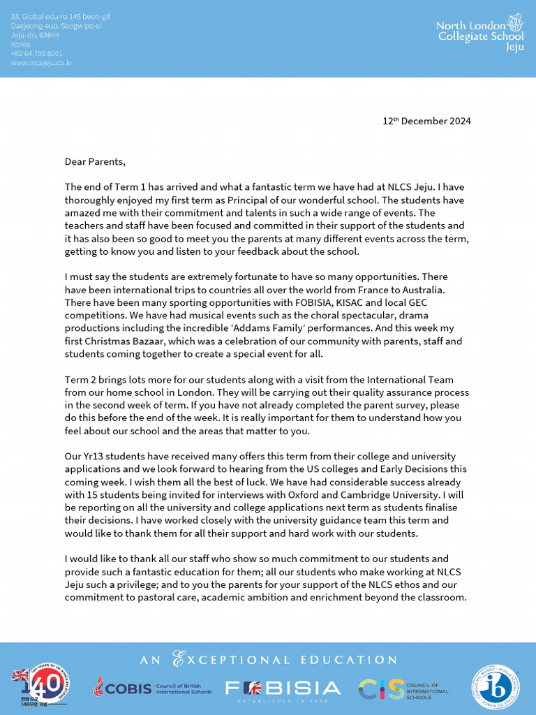 Parent Letter From The Principal - Dec 2024 | PDF