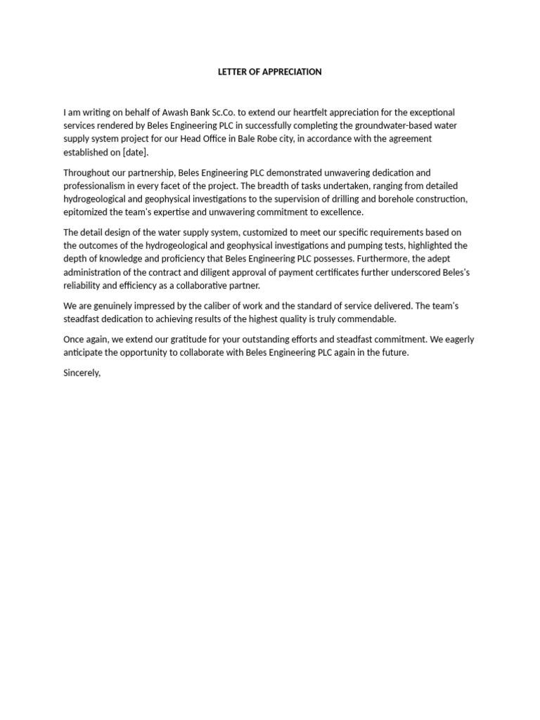 Appreciation Letter to Beles Engineering | PDF