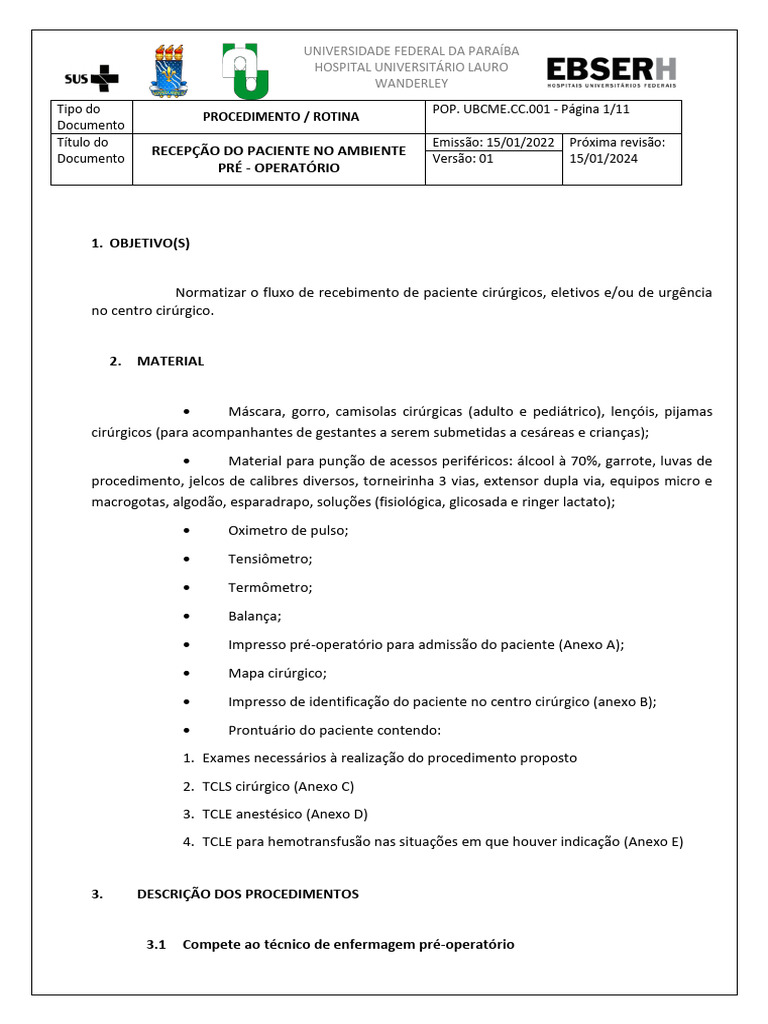 POP - UBCME.001 Recepcao Do Paciente No Bloco Cirurgico | PDF | Unidade de Tratamento Intensivo ...