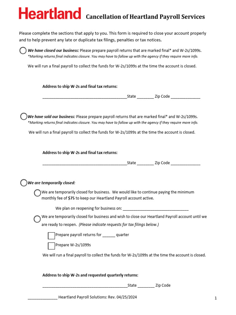 Heartland Payroll Account Cancellation Form | PDF | Payroll