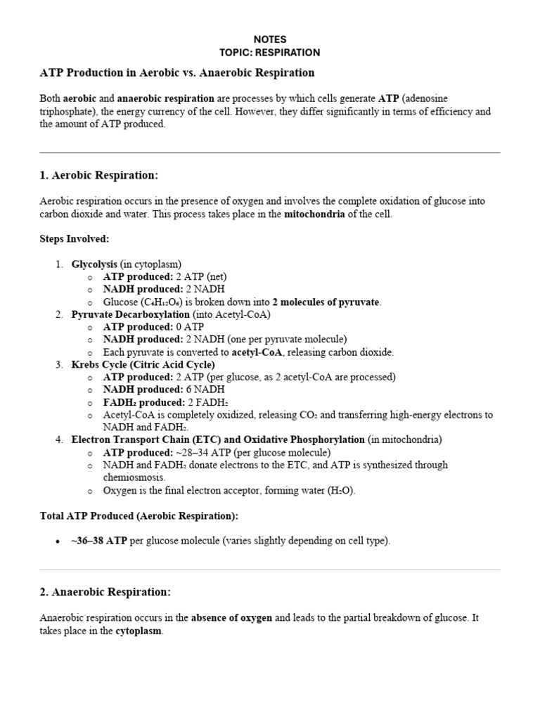 ATP Production: Aerobic vs. Anaerobic Respiration | PDF | Cellular ...