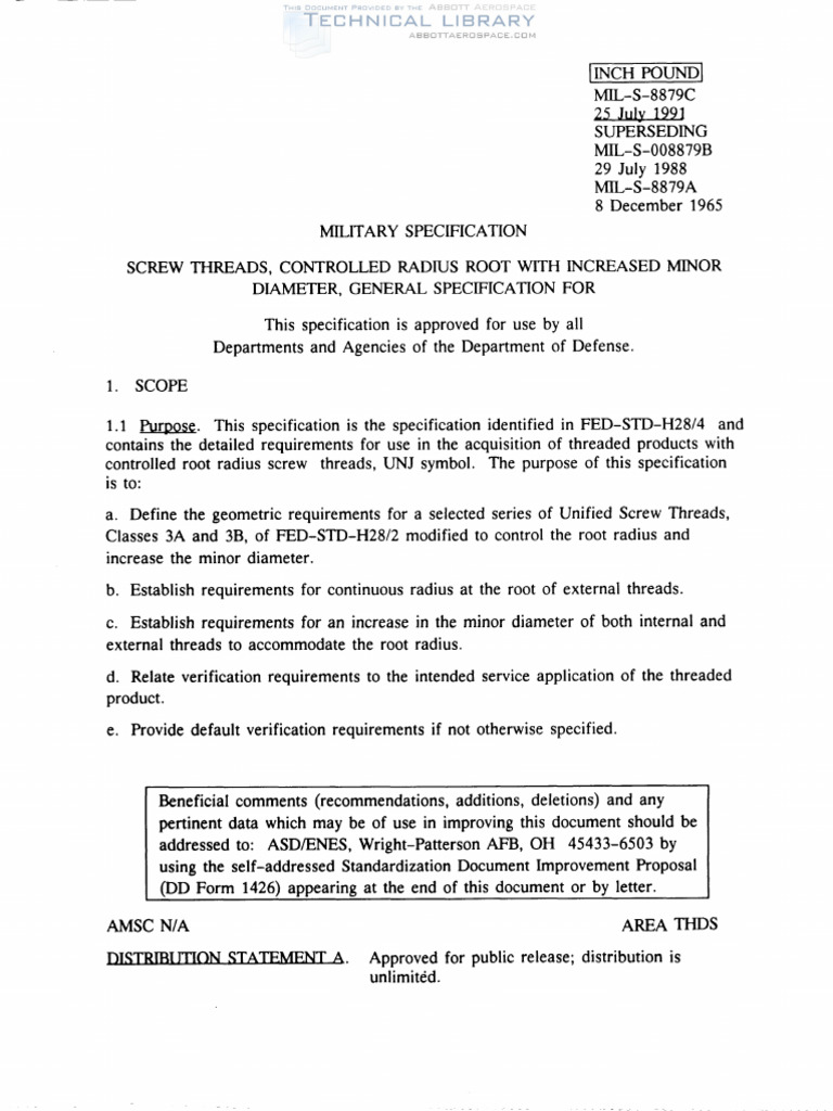 MIL-S-8879C Screw Threads, Controlled Radius Root With Increased Minor ...